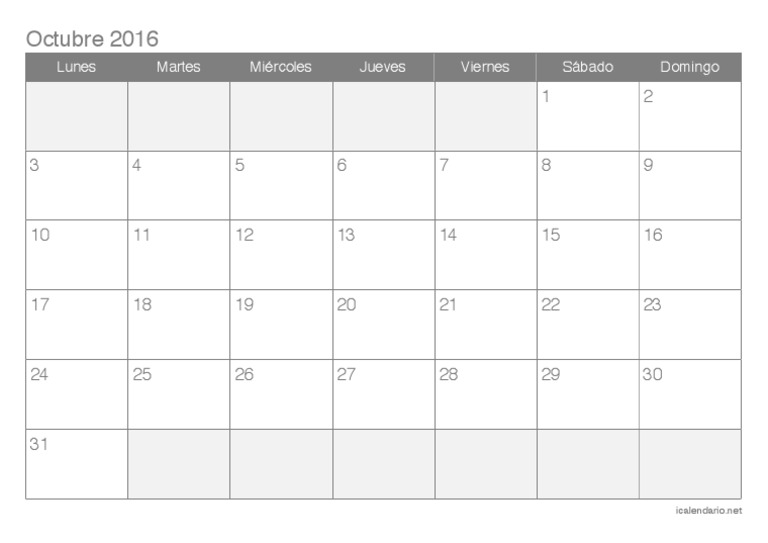Calendario Octubre 2016 PDF | PDF