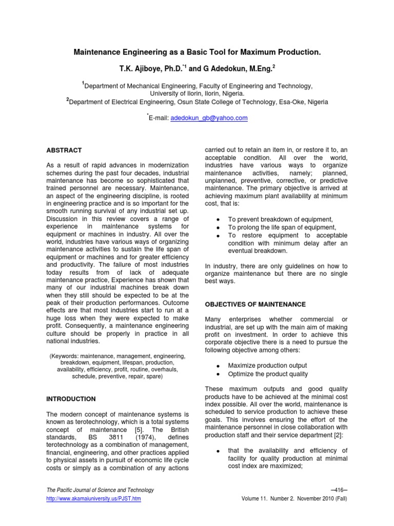 Maintenance Engineering As A Basic Tool For Maximum Production | PDF ...