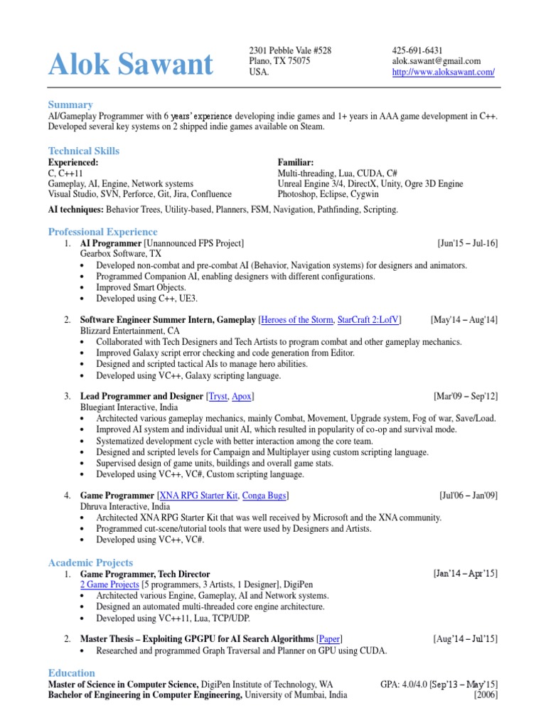 Resume Video Games Artificial Intelligence