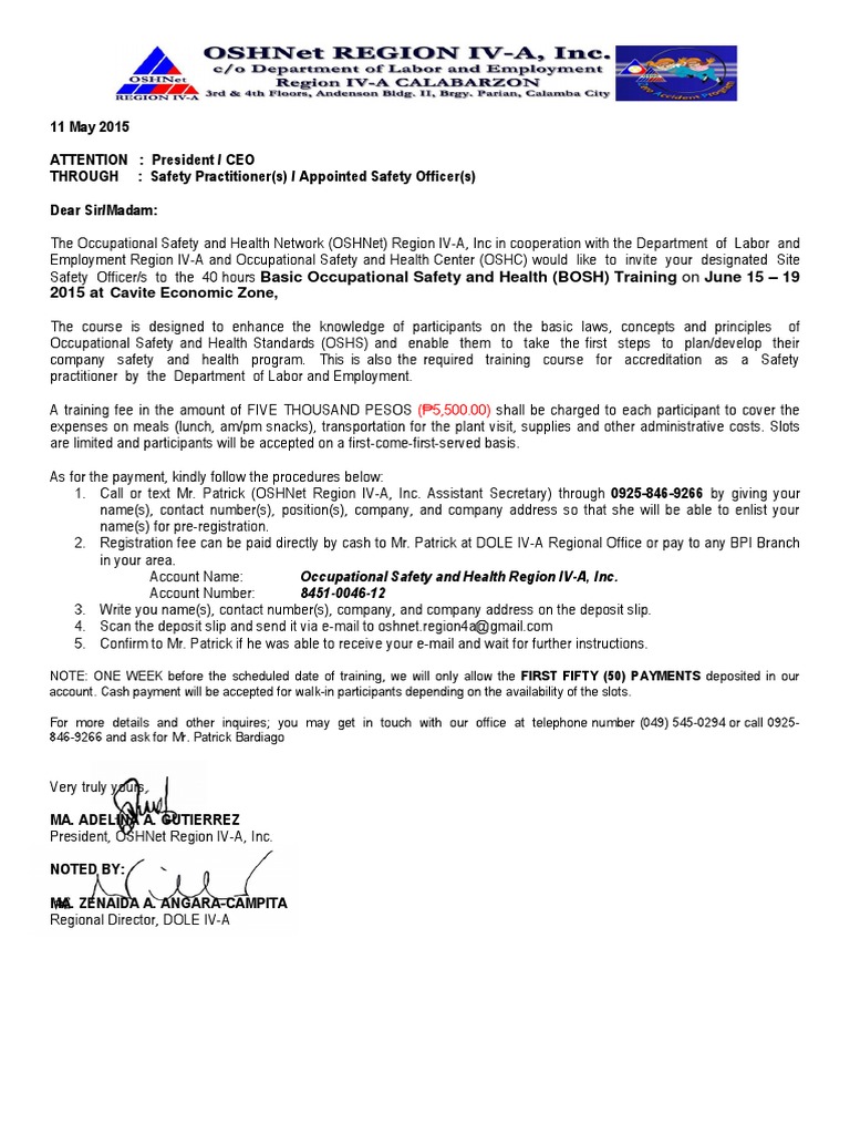 BOSH Training Invitation for Safety Officers | PDF