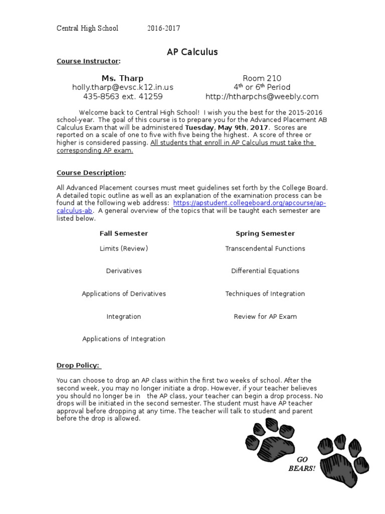2016 - 2017 Calculus Ab Syllabus | PDF | Advanced Placement | Test ...