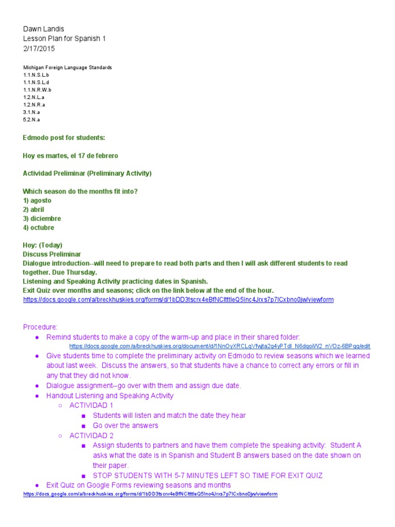 Spanish 1 Lesson Plan: Seasons & Dates | PDF