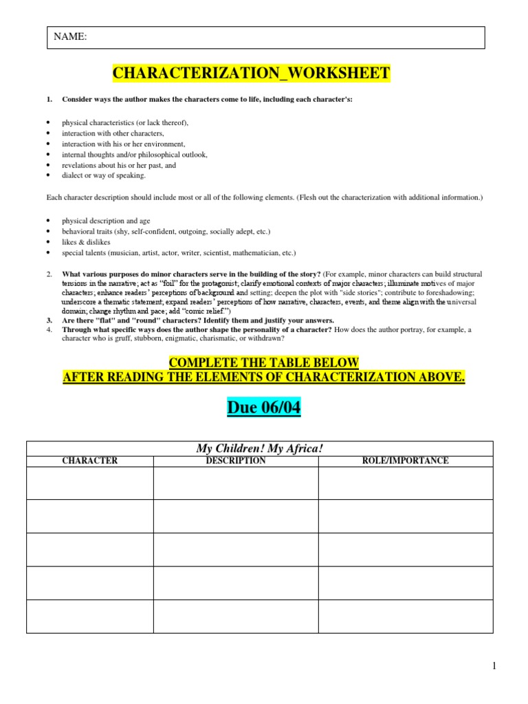 Characterization Worksheet My Children My Africa | PDF | Cognitive ...