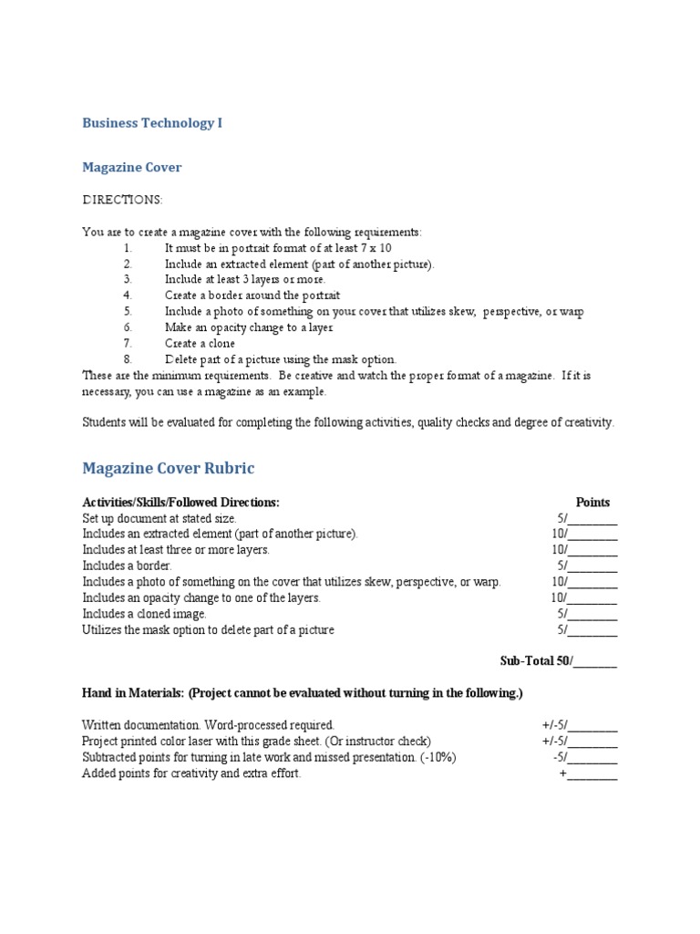 Business Technology I: Magazine Cover Rubric | PDF | Adobe Photoshop ...
