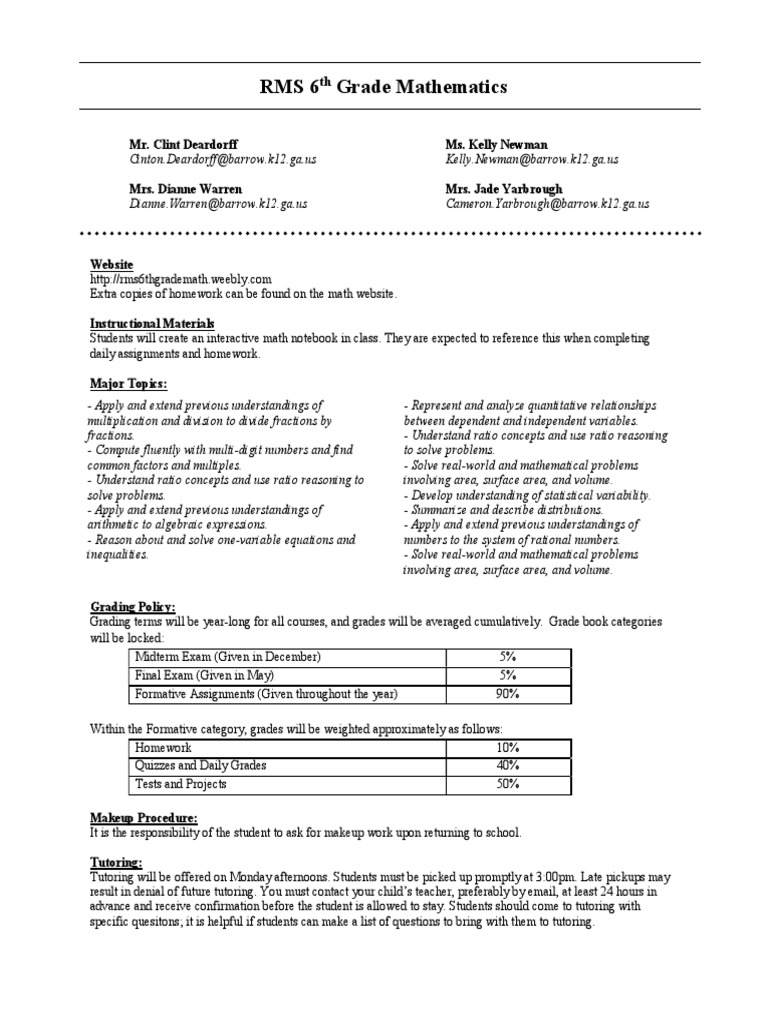 Rms 6th Grade Mathematics | PDF