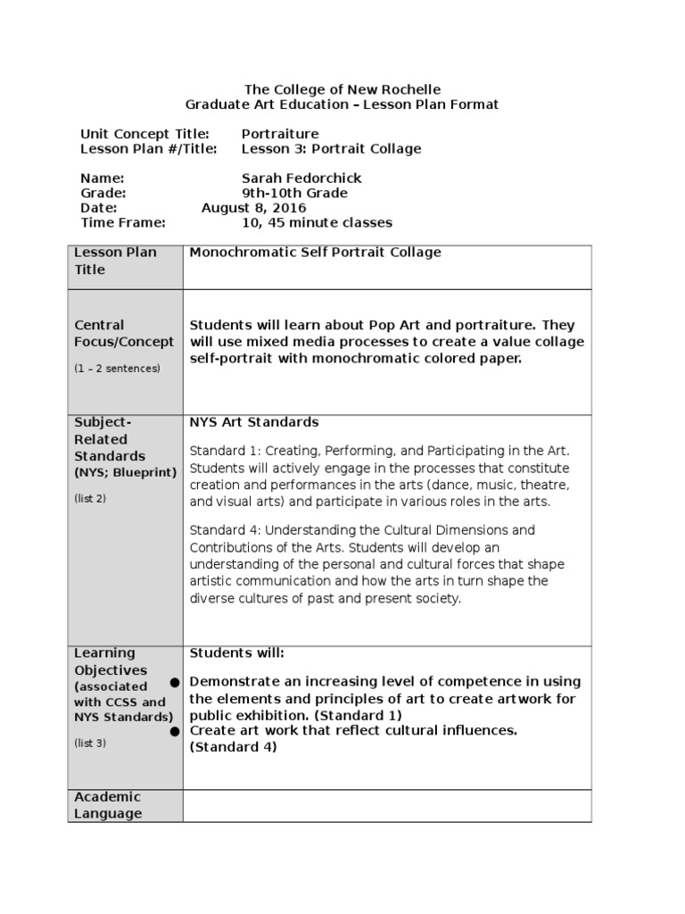 monochromatic collage self portrait lesson plan | Collage | Lesson Plan