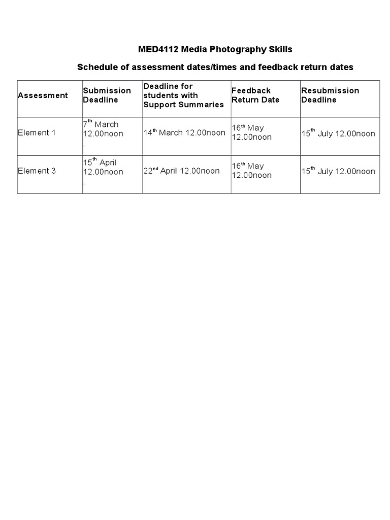 Photography Course Assessment Dates | PDF