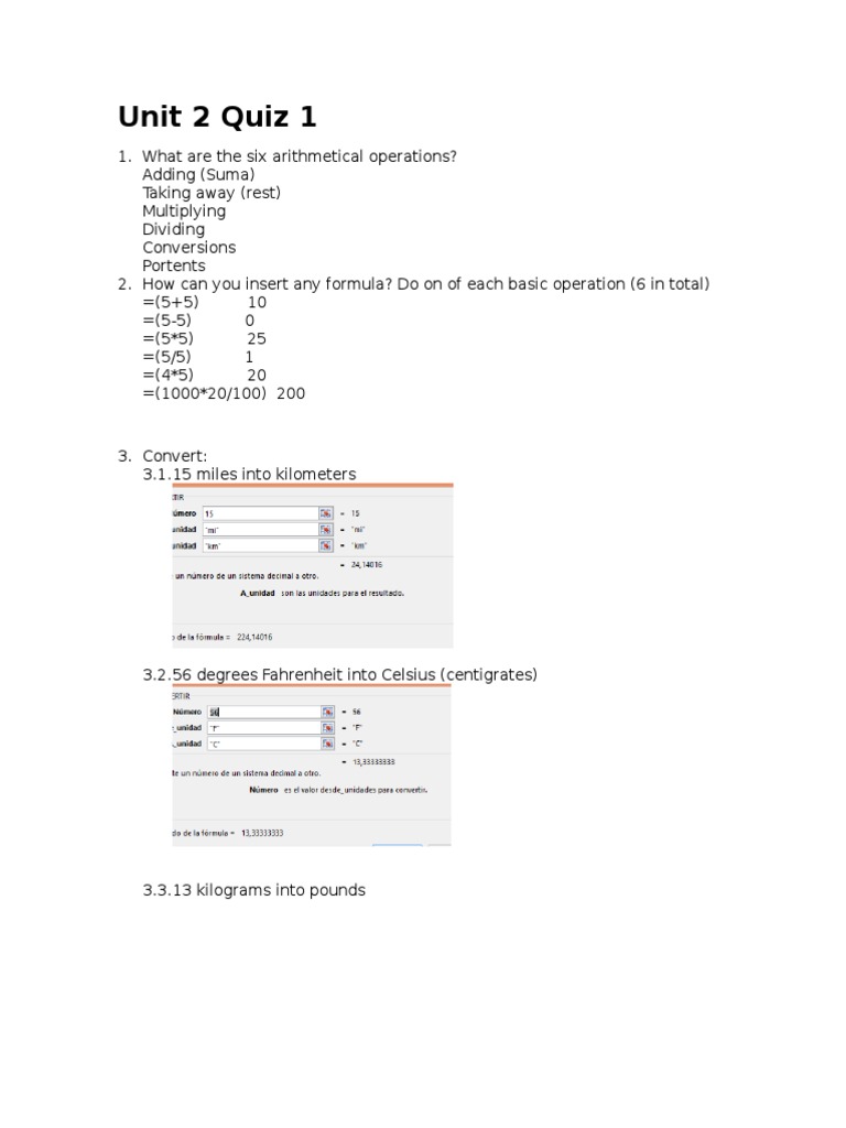 Unit 2 Quiz: Arithmetic & Conversions | PDF | Teaching Methods & Materials