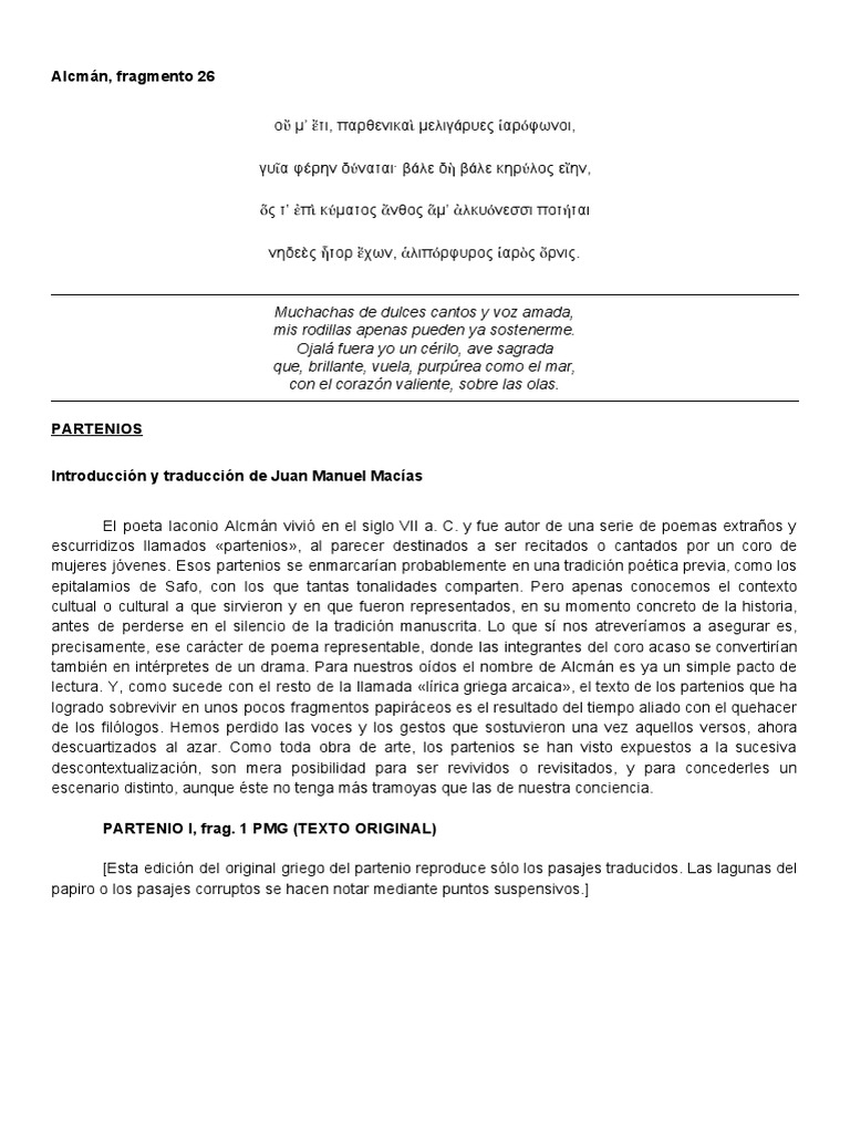 Poemas de Alcmán (Partenio Traducido Por Macías) | PDF