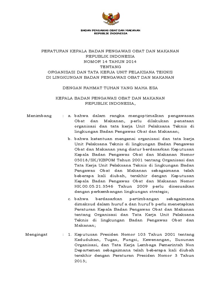 Peraturan Kepala BPOM Nomor 14 Tahun 2014 Tentang UPT Di Lingkungan BPOM - Nett | PDF