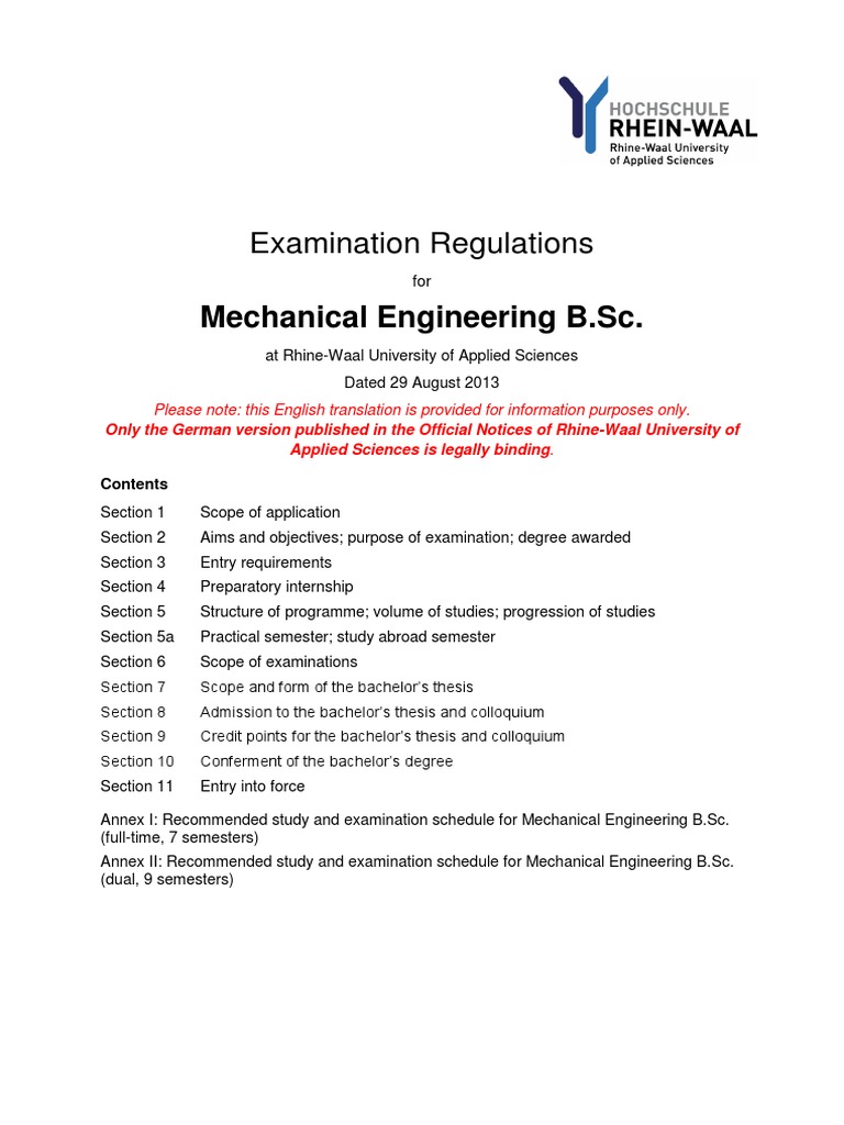 Mechanical Engineering B.Sc. Exam Regulations | PDF | Bachelor's Degree ...