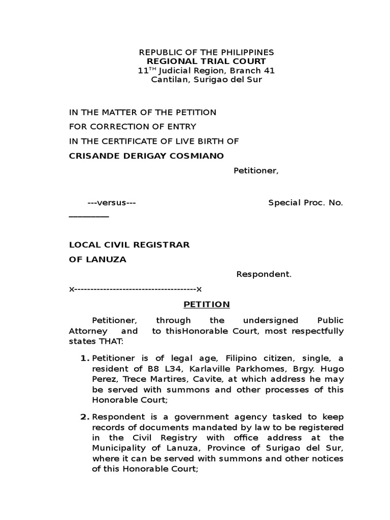 Petition For Correctionof Entry in The Certificate of Live Birth ...