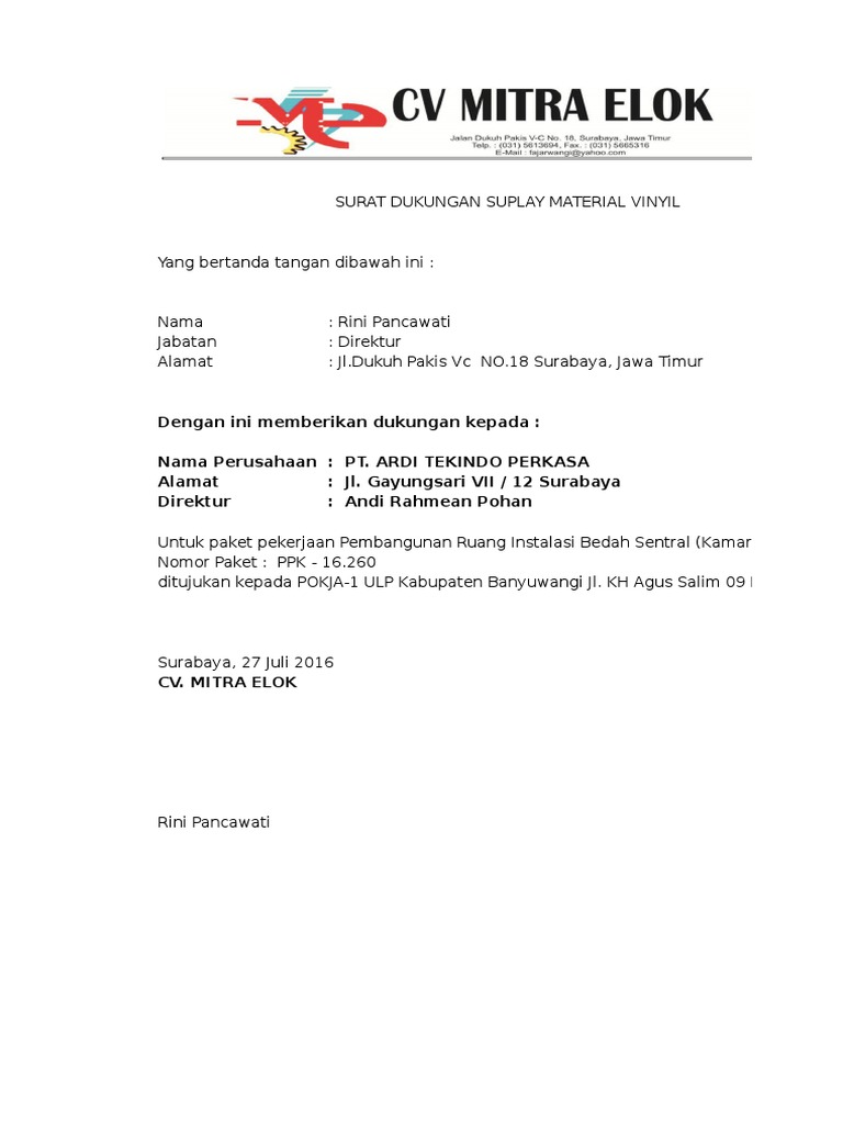 Contoh Surat Dukungan CV - Okta Buana | PDF