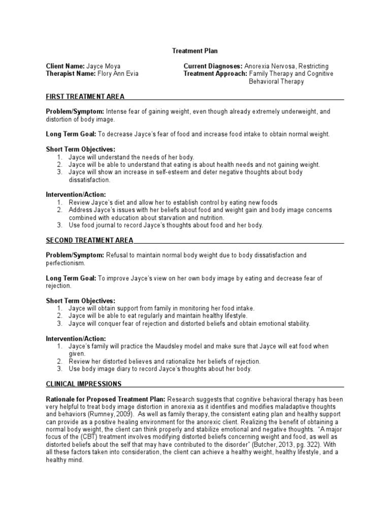 Treatment Plan Assignment | PDF | Anorexia Nervosa | Body Image