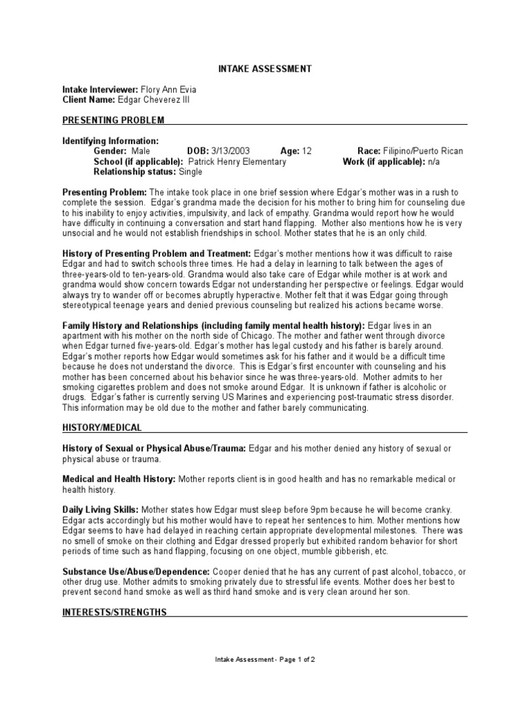 Intake Assessment | Substance Abuse | Attention Deficit Hyperactivity ...