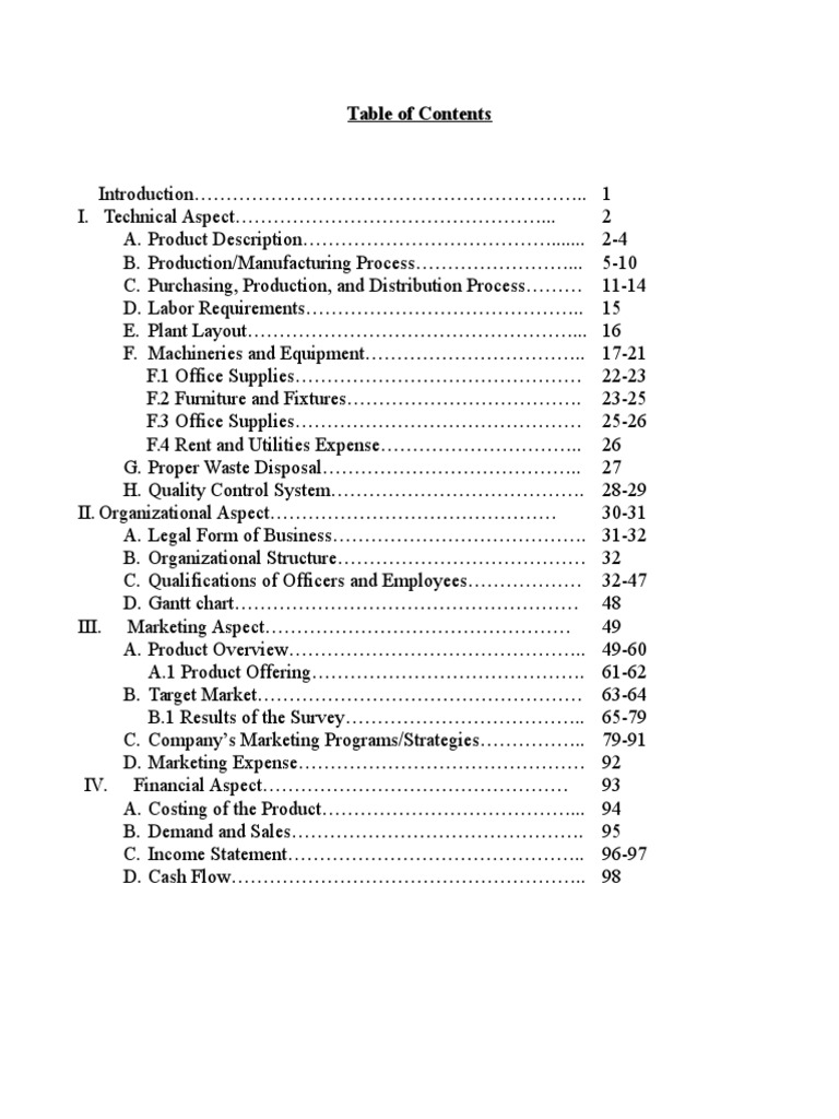 BUSINESS FEASIBILITY STUDY EXAMPLE OF TABLE OF CONTENTS | Business ...