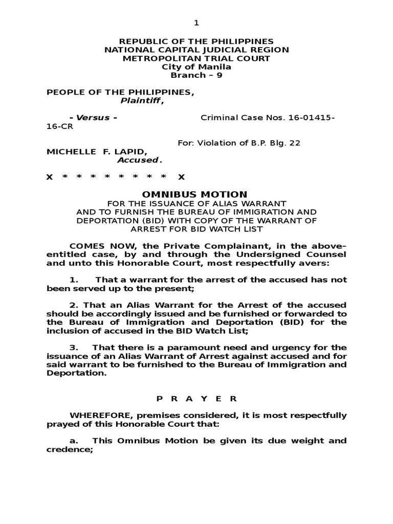 Motion OMNIBUS MOTION FOR THE ISSUANCE OF ALIAS WARRANT AND TO FURNISH ...