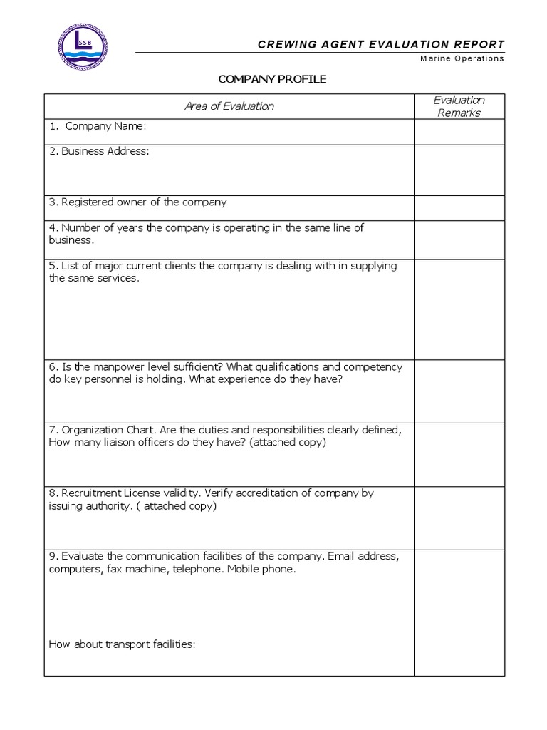 Crewing Agent Evaluation Checklist | Evaluation | Technology