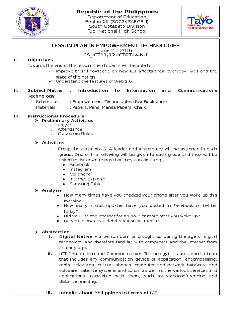 ICT Lesson Plan: Empowerment Tech | PDF | Educational Technology | Internet