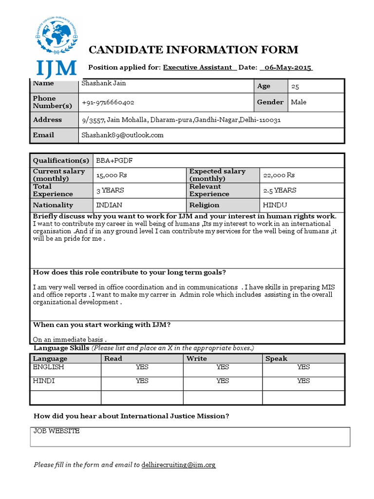 Candidate Information Form - IJM Delhi | PDF