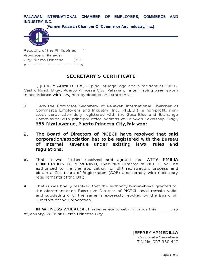 Secretary's Certficate For Authorization To Register BIR | PDF | Virtue ...