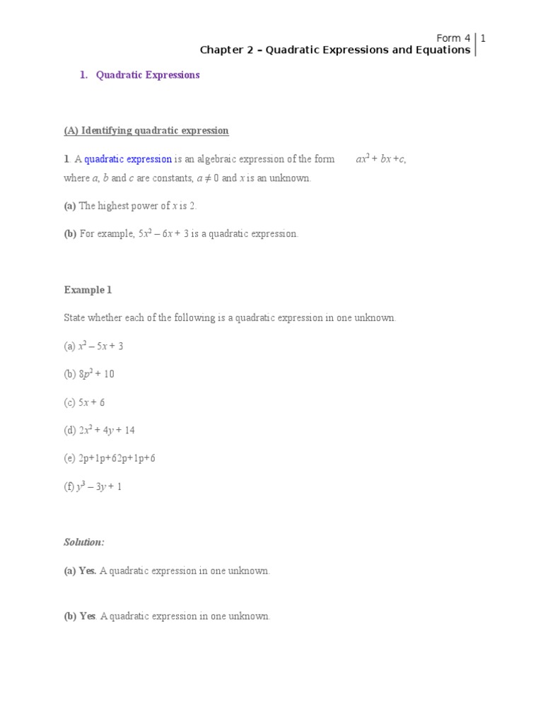 Chapter 2 - Quadratic Expressions and Equations (Form 4) | PDF ...