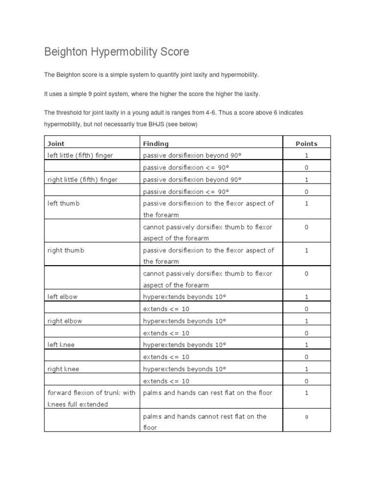 Beighton Hypermobility Score | PDF
