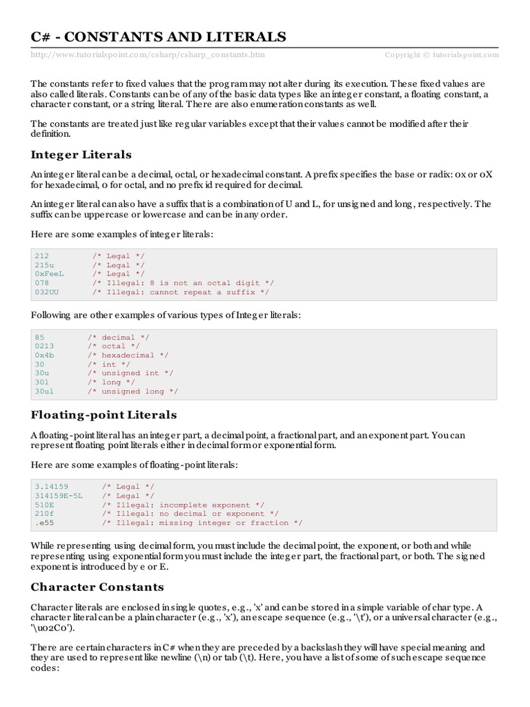 C# - Constants and Literals | PDF | Exponentiation | Integer (Computer Science)