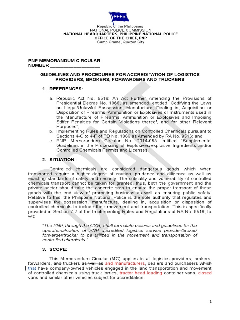 Draft - Memo Circular - PNP Accreditation On Logistics Providers As of ...