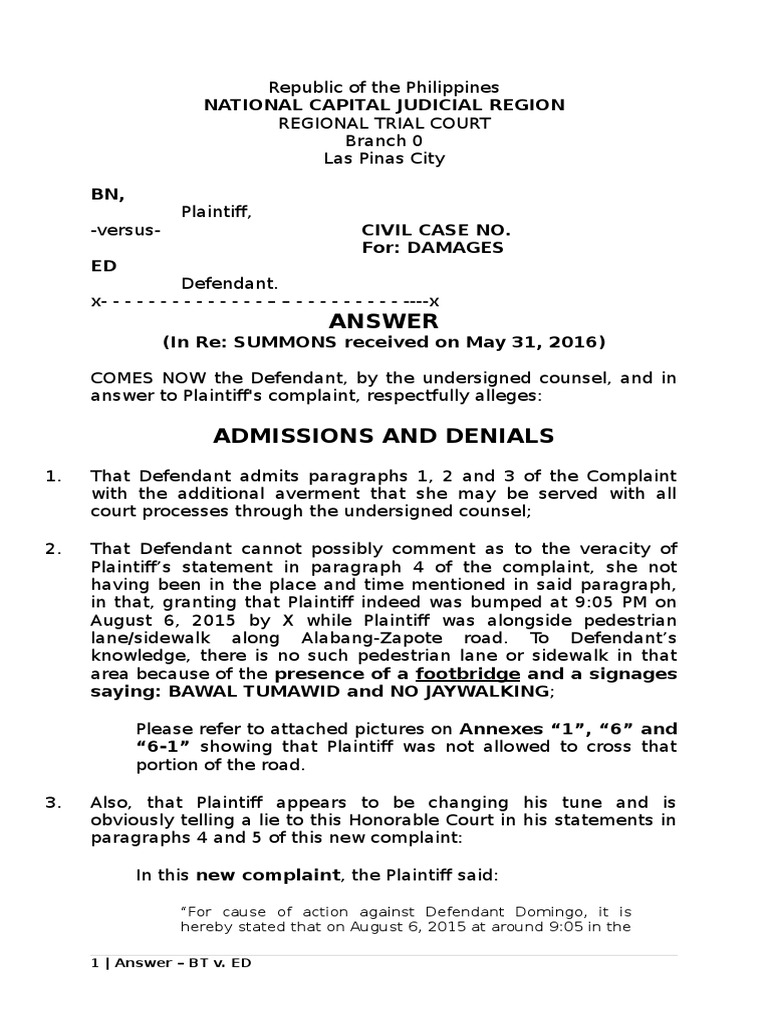 Sample Answer to Complaint for Damages | PDF | Pleading | Complaint