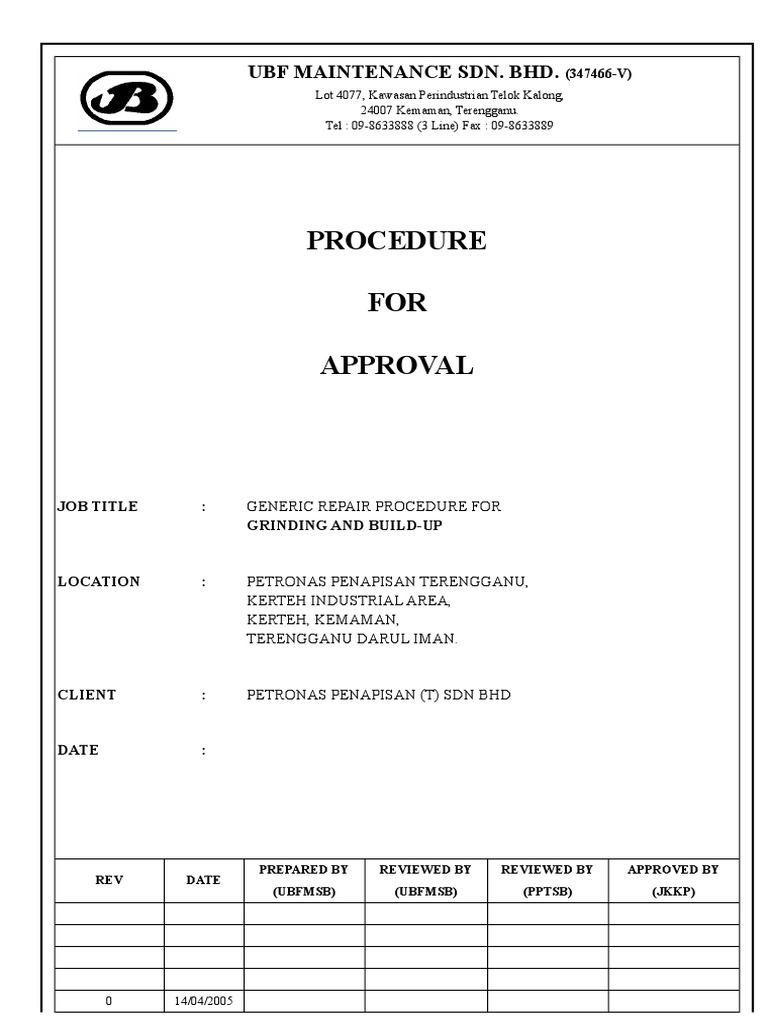 Generic Repair Procedure for Grinding and Build-up | Welding | Industries