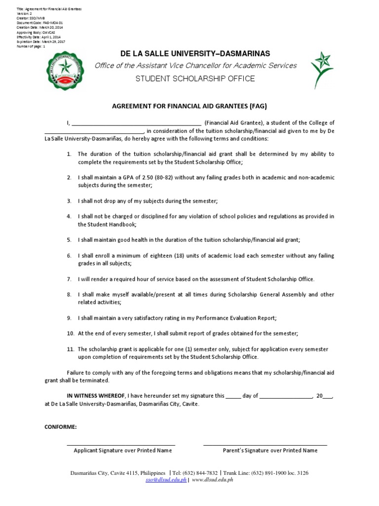 Financial Aid Grant Agreement | PDF | Student Financial Aid In The ...