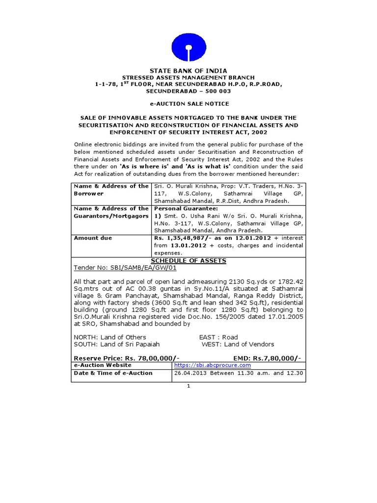 SARFAESI e Auction - V T Traders - Sale Notice | PDF | Auction ...