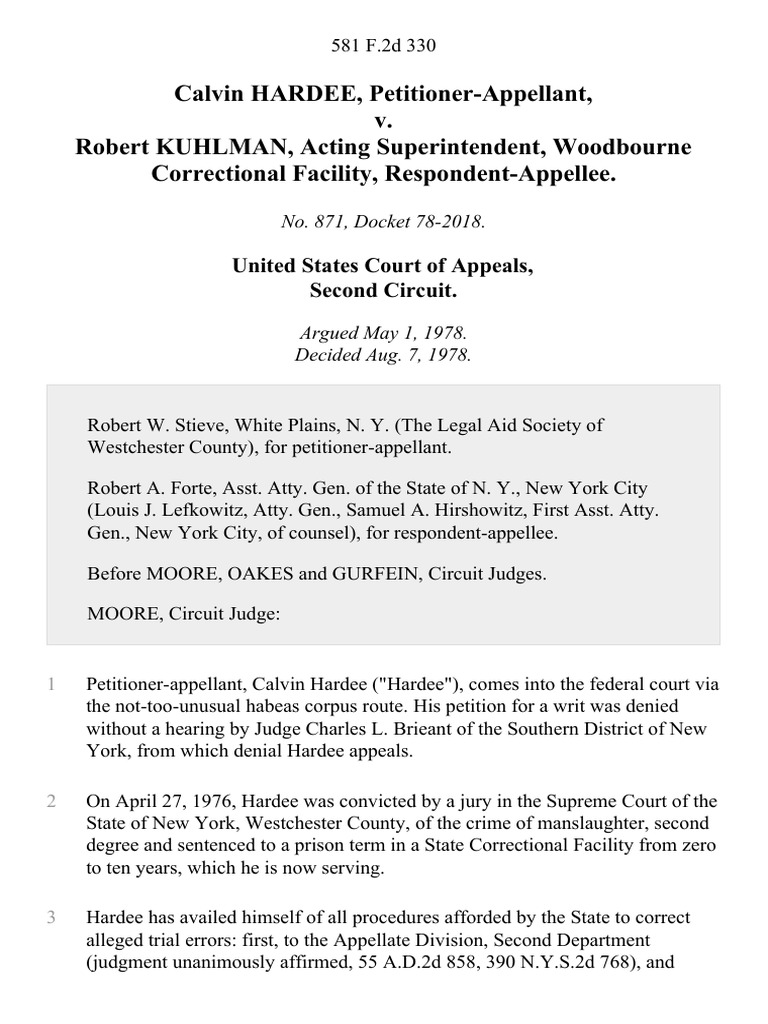 Calvin Hardee v. Robert Kuhlman, Acting Superintendent, Woodbourne ...