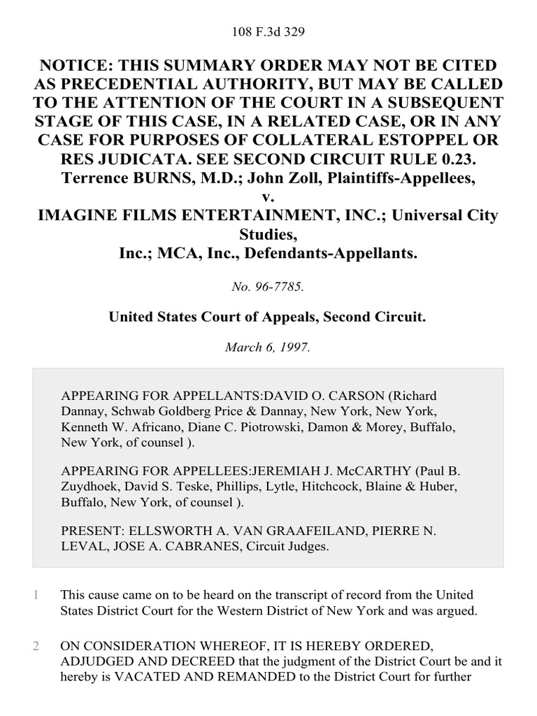 Terrence Burns, M.D. John Zoll v. Imagine Films Entertainment, Inc ...