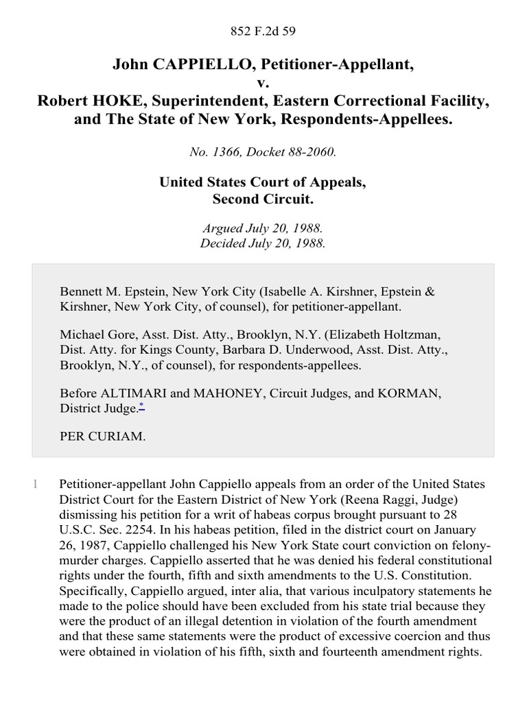 John Cappiello v. Robert Hoke, Superintendent, Eastern Correctional ...