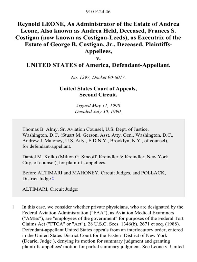 Reynold Leone, as Administrator of the Estate of Andrea Leone, Also ...