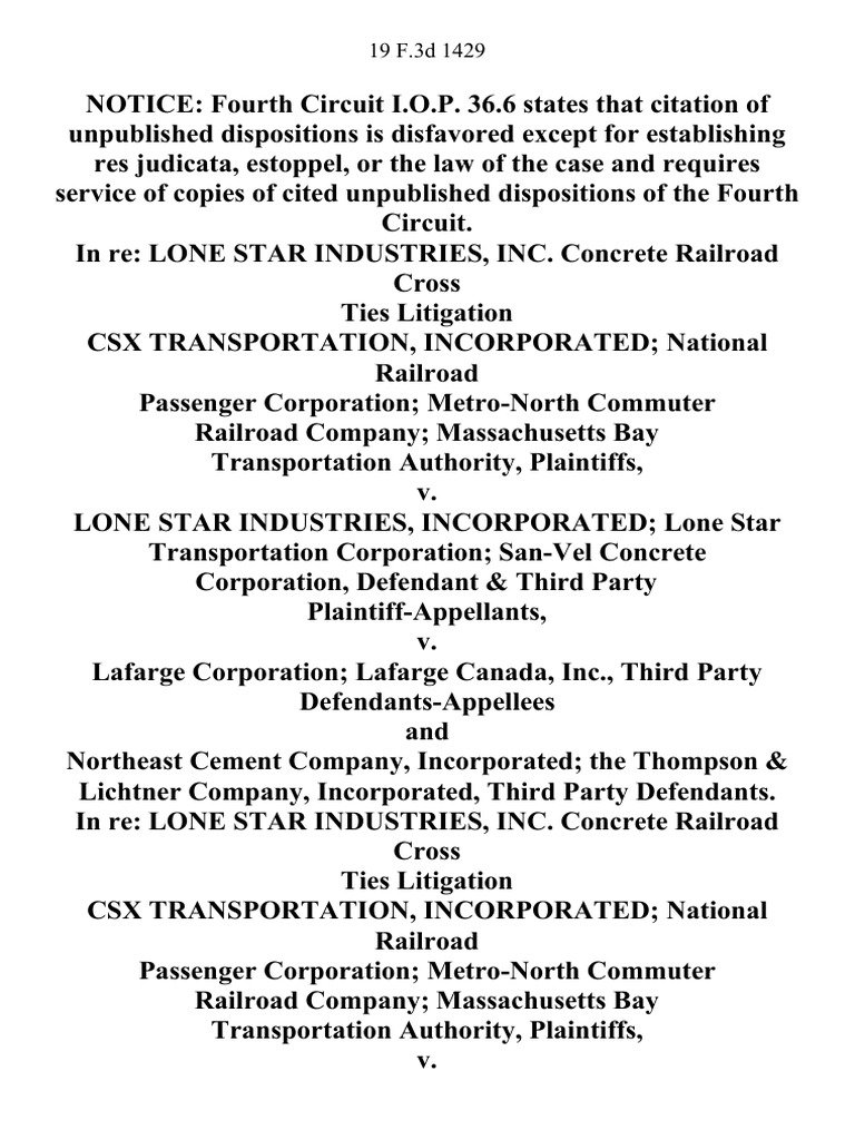 In Re: Lone Star Industries, Inc. Concrete Railroad Cross Ties Litigation Csx Transportation ...