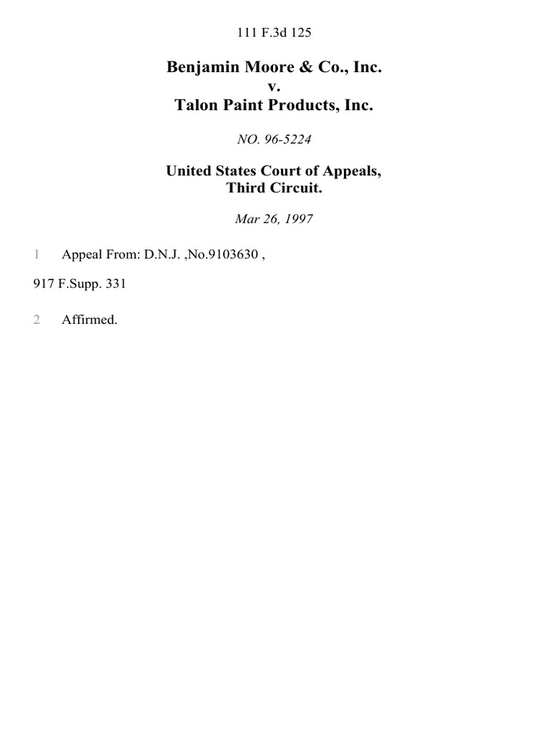 Benjamin Moore & Co., Inc. v. Talon Paint Products, Inc, 111 F.3d 125 ...