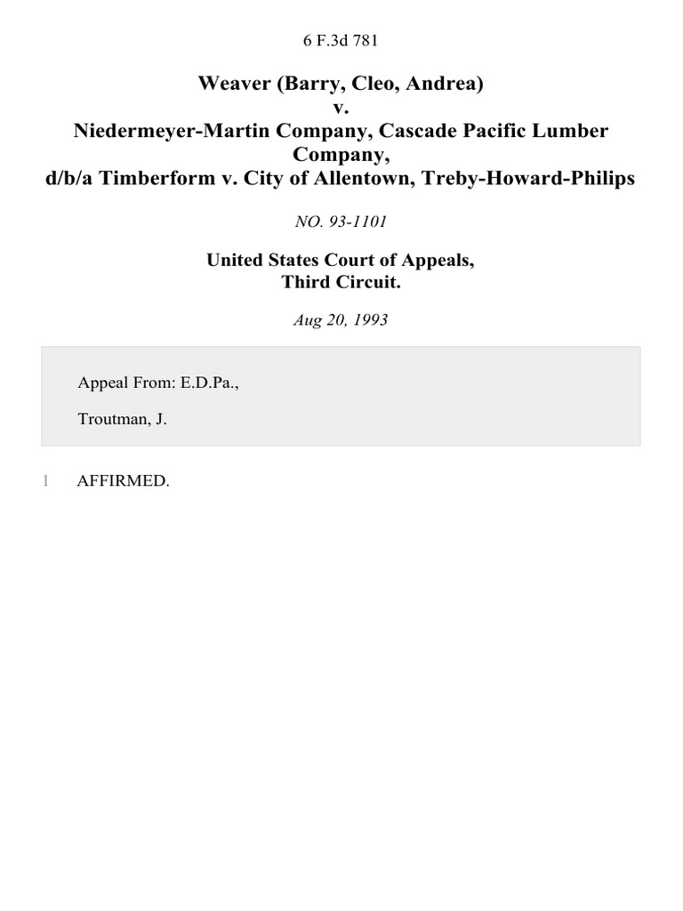 Weaver (Barry, Cleo, Andrea) v. Niedermeyer-Martin Company, Cascade ...