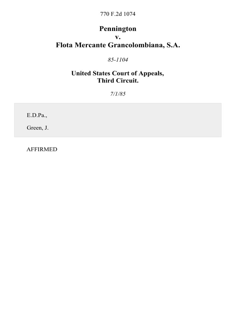 Pennington v. Flota Mercante Grancolombiana, S.A, 770 F.2d 1074, 3rd Cir. (1985) | PDF