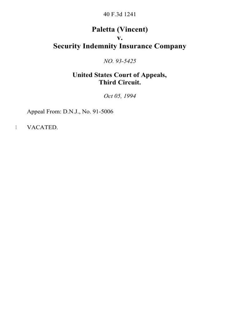 Paletta (Vincent) v. Security Indemnity Insurance Company, 40 F.3d 1241 ...