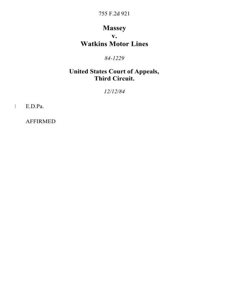 Massey v. Watkins Motor Lines, 755 F.2d 921, 3rd Cir. (1984) | PDF | Law