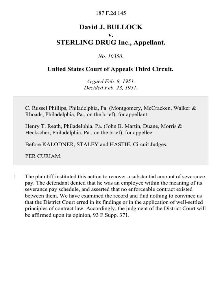 David J. Bullock v. Sterling Drug Inc., 187 F.2d 145, 3rd Cir. (1951) | PDF