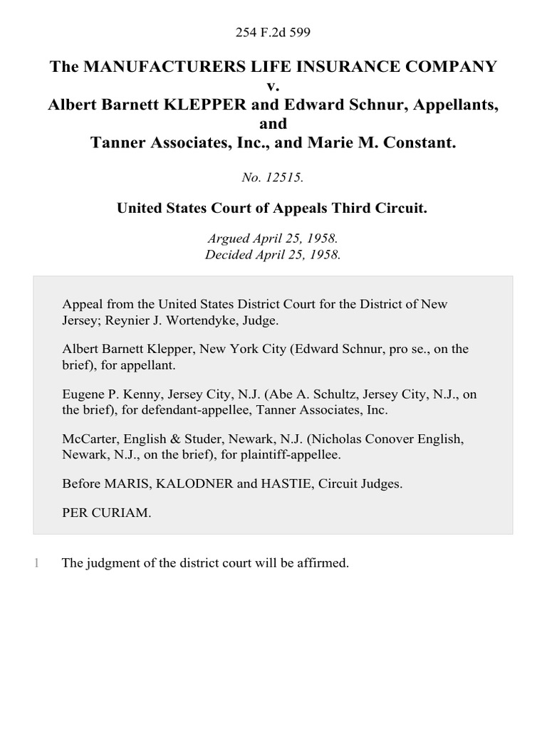 The Manufacturers Life Insurance Company v. Albert Barnett KLEPPER and ...