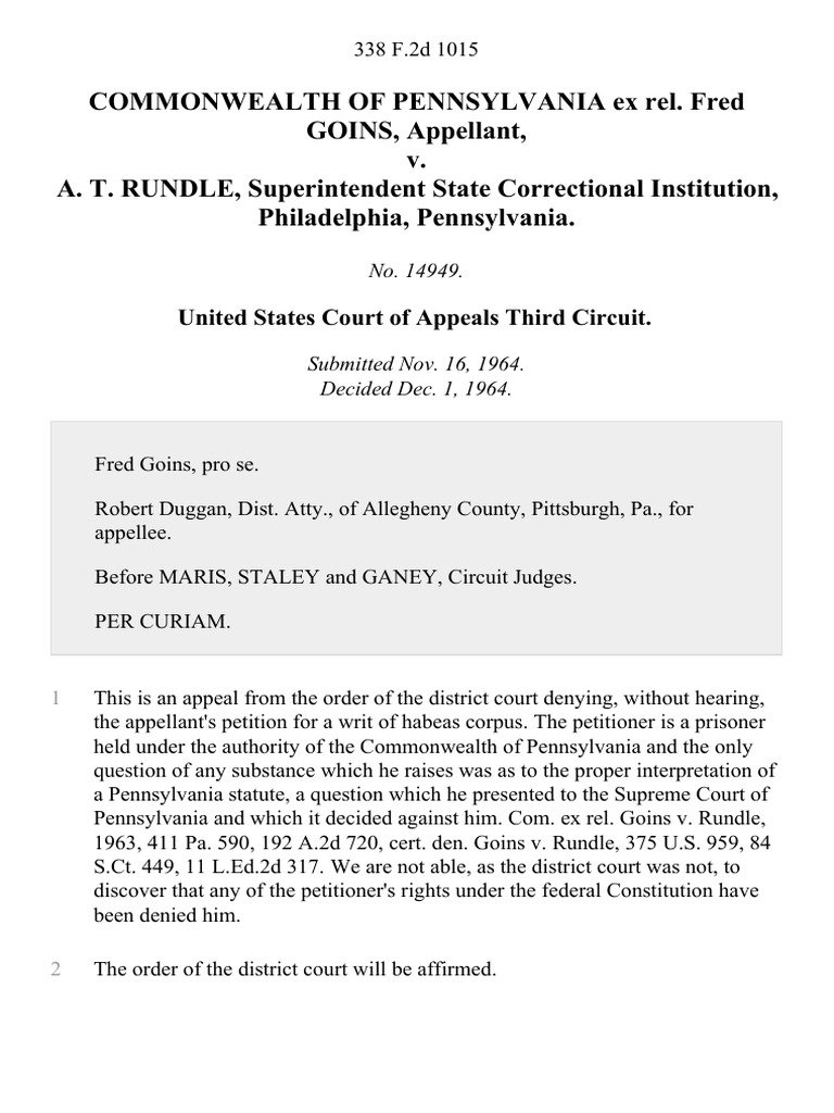 Commonwealth of Pennsylvania Ex Rel. Fred Goins v. A. T. Rundle ...