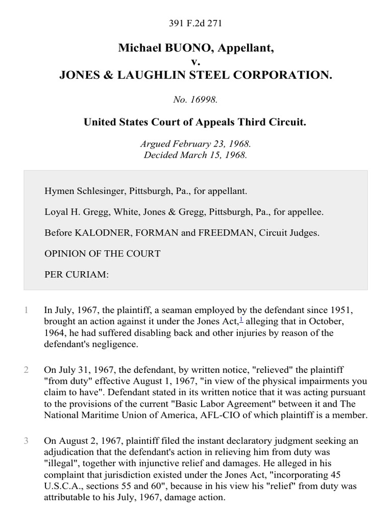 Michael Buono v. Jones & Laughlin Steel Corporation, 391 F.2d 271, 3rd ...
