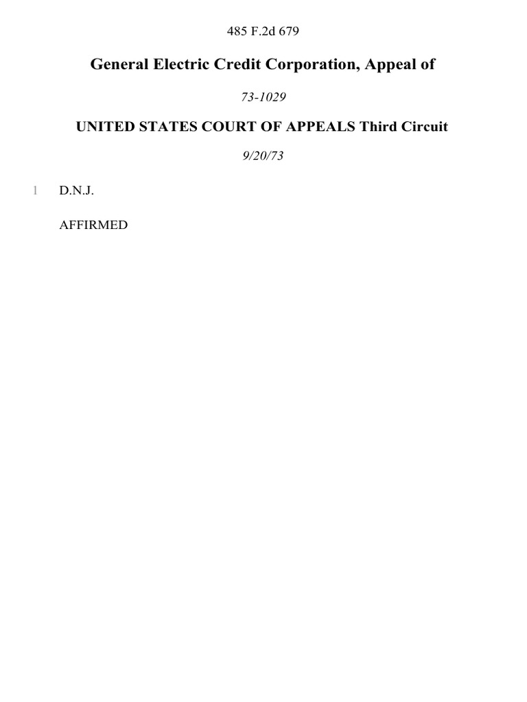 General Electric Credit Corporation, Appeal Of, 485 F.2d 679, 3rd Cir. (1973) | PDF