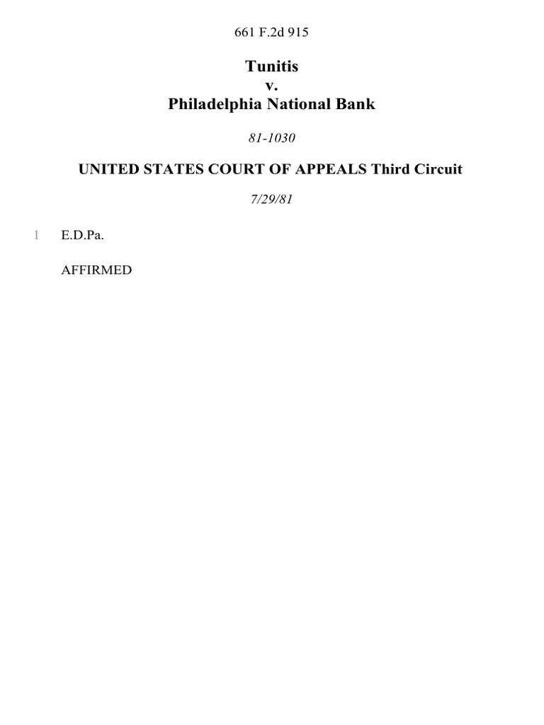 Tunitis v. Philadelphia National Bank, 661 F.2d 915, 3rd Cir. (1981 ...
