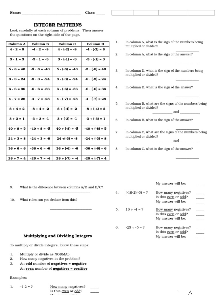 Multiplying and Dividing Integers Notes | PDF